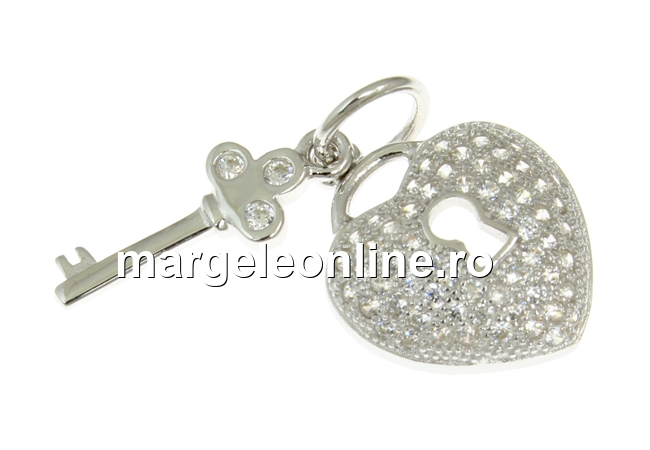 Pandantiv inima cu cheita, argint 925 placat cu rodiu, 15mm - x1